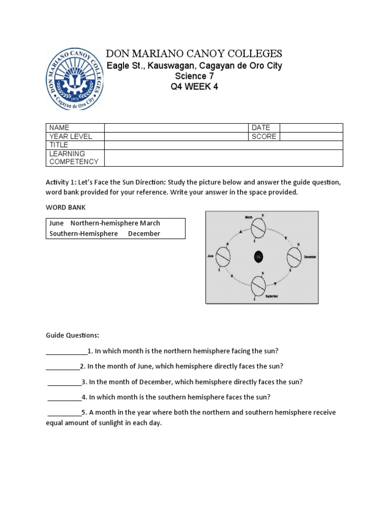 Science 7 Q4 Week 4: Sun Position Activity | PDF | Self-Improvement ...