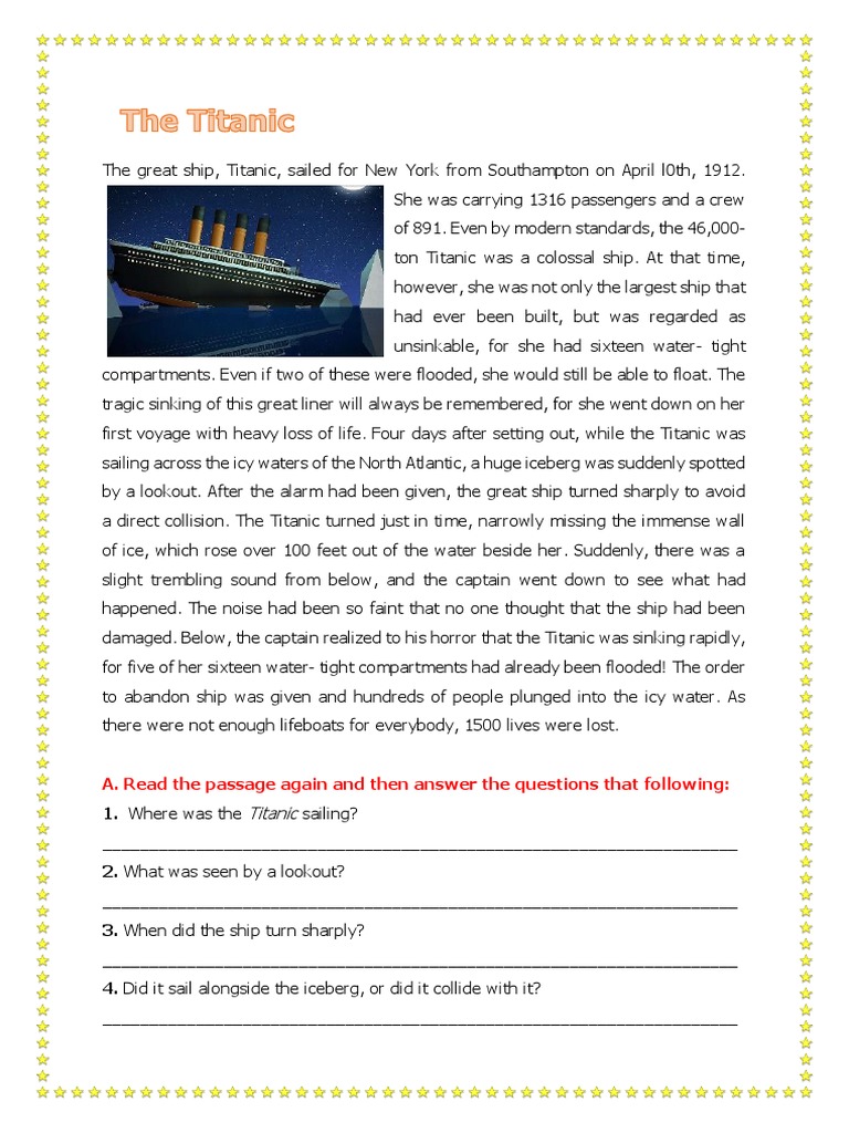 Titanic Reading Comprehension Questions | PDF | Maritime Disasters ...