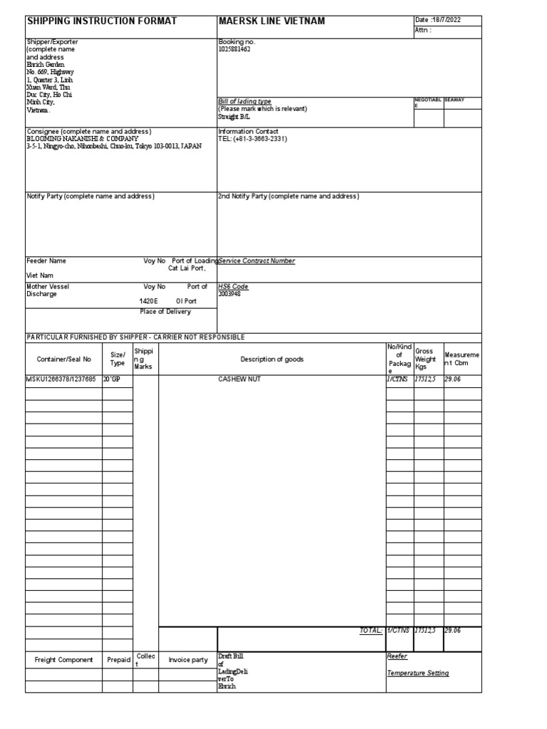 Shipping Instruction Format | PDF | Transport | Freight Transport