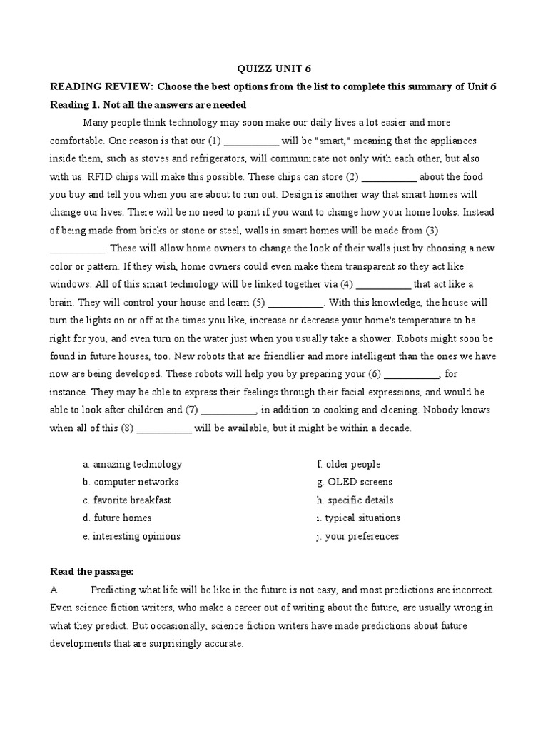 Quizz Unit 6 READING REVIEW: Choose The Best Options From The List To ...