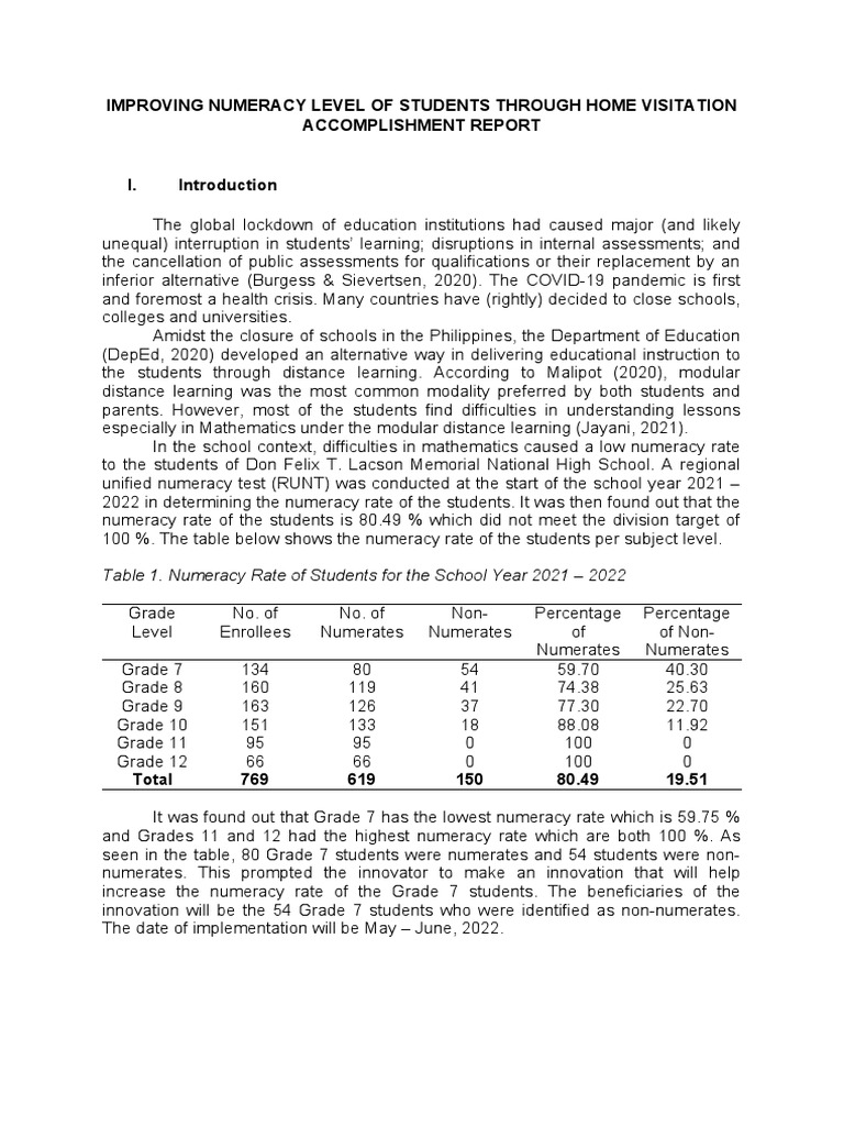 Improving Numeracy Level of Students Through Home Visitation Accomplishment Report I | Download ...