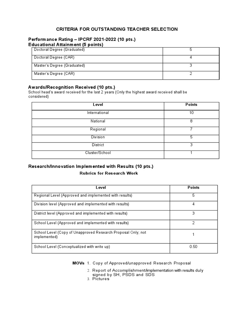 Criteria For Outstanding Teacher Selection | Download Free PDF | Cognition