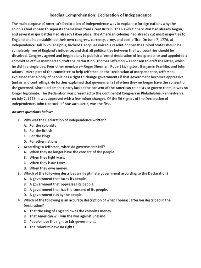 Reading Comprehension: Declaration of Independence: Answer Questions ...