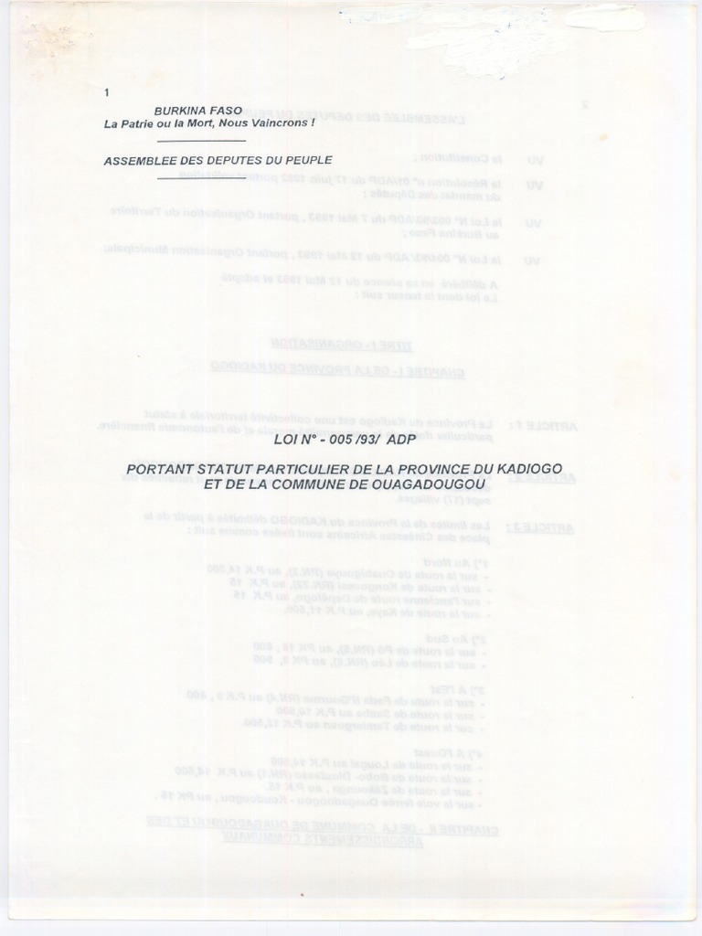 Loi n°05-93-ADP Portant Statut Particulier de La Province Du Kadiogo1 ...