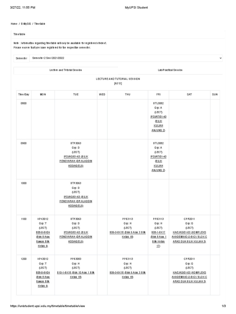 Timetable Sem 4 2022 | PDF