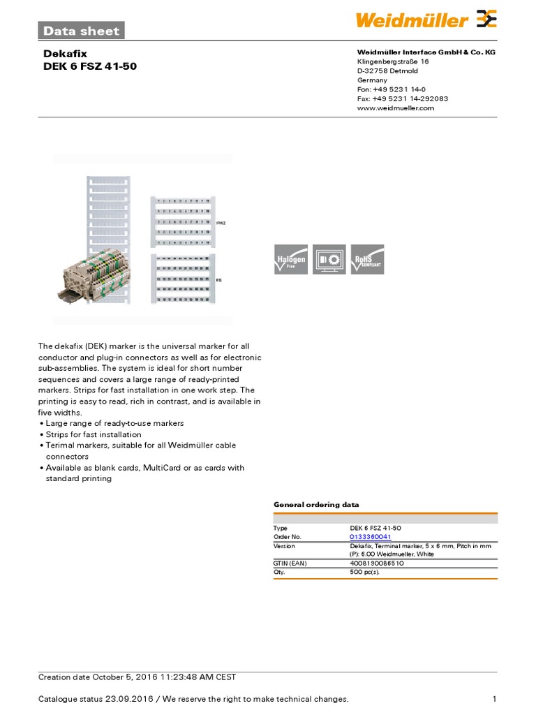 Data Sheet: Dekafix DEK 6 FSZ 41-50 | PDF | Electrical Connector