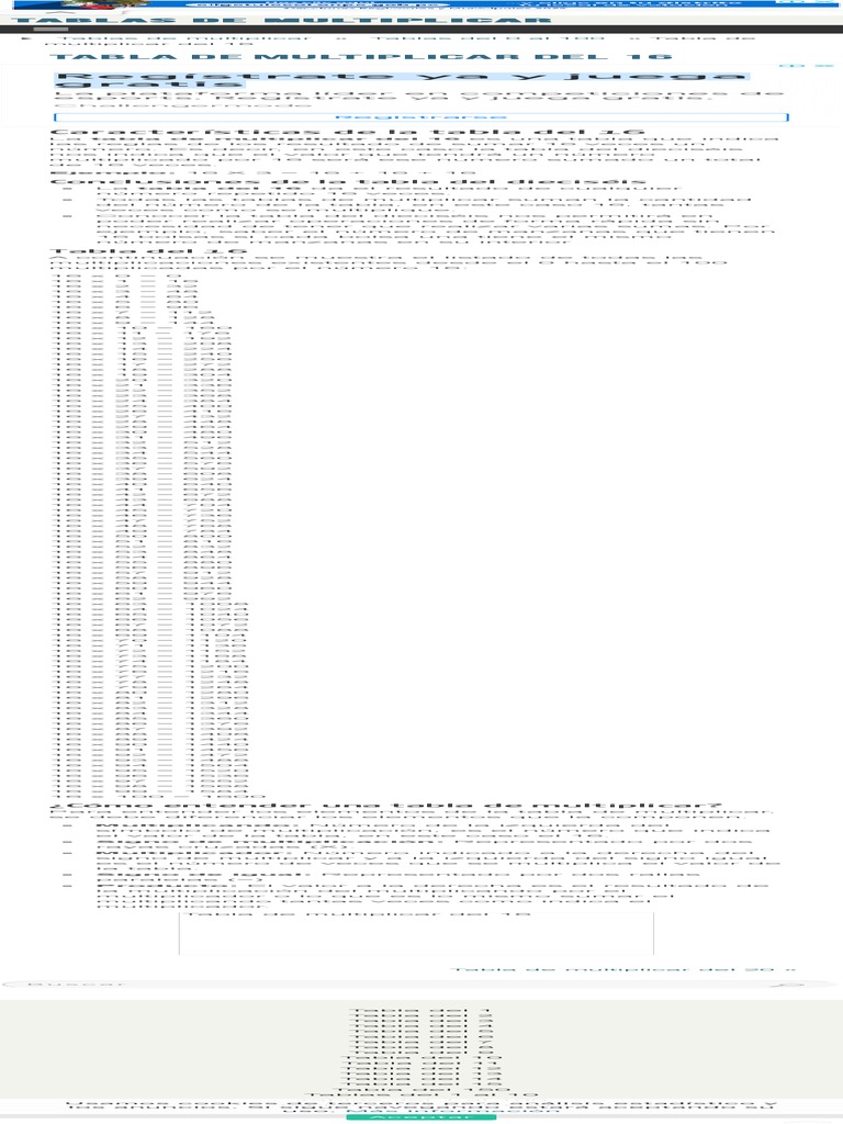 Tabla de Multiplicar Del 16 - Tablas de Multiplicación | PDF ...