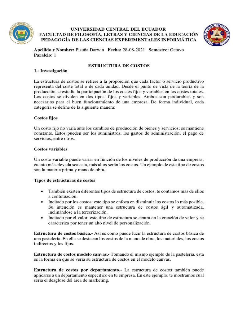 Estructura de Costo | PDF | Costo | Business