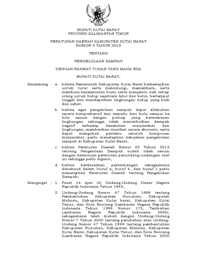Perda Nomor 3 Tahun 2019 TTG Pengelolaan Sampah | PDF | Griya & Taman