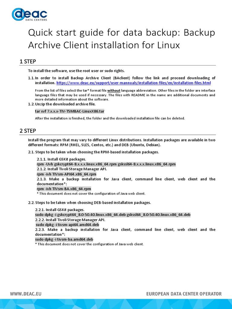 Quick Start Guide For Data Backup Backup Archive Client Installation