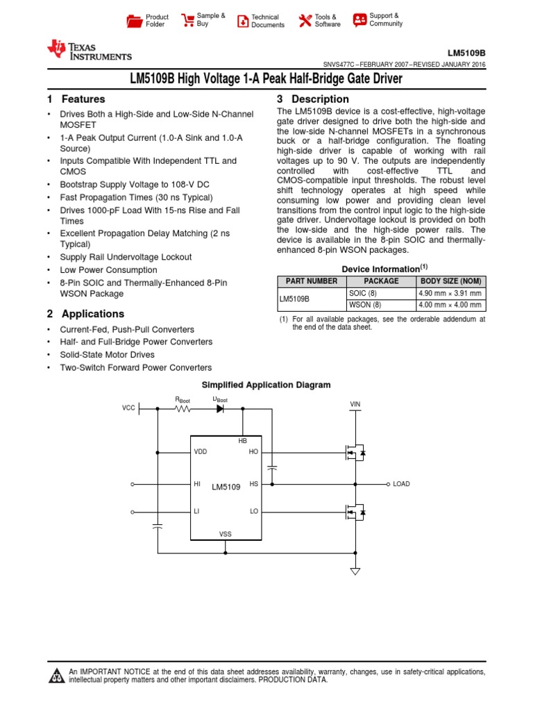 LM5109B High Voltage 1-A Peak Half-Bridge Gate Driver: 1 Features 3 ...