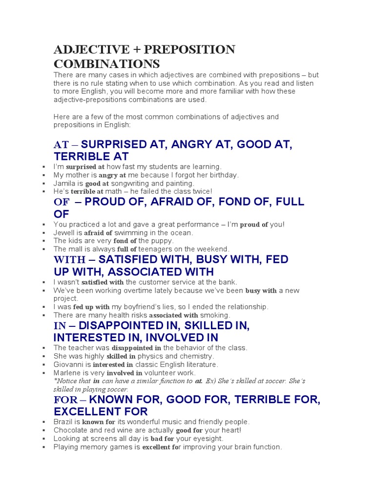 Adjective + Preposition Combinations | PDF