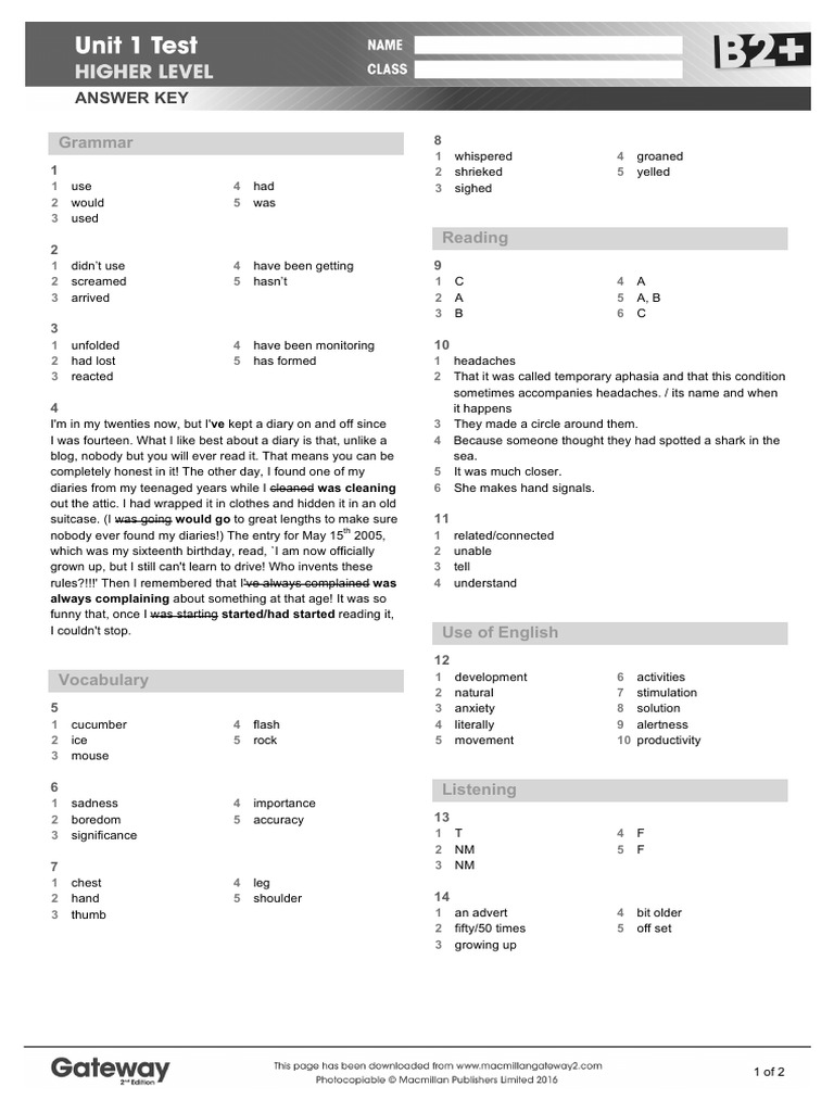 B2+ UNIT 1 Test Answer Key Higher | PDF