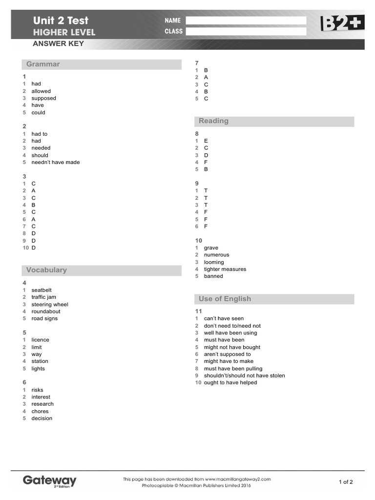 Gateway B2+ Unit 2 Test Answers | PDF | Cognition | Linguistics