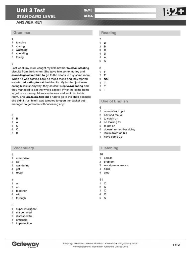 B2+ UNIT 3 Test Answer Key Standard | PDF | Linguistics | Cognition