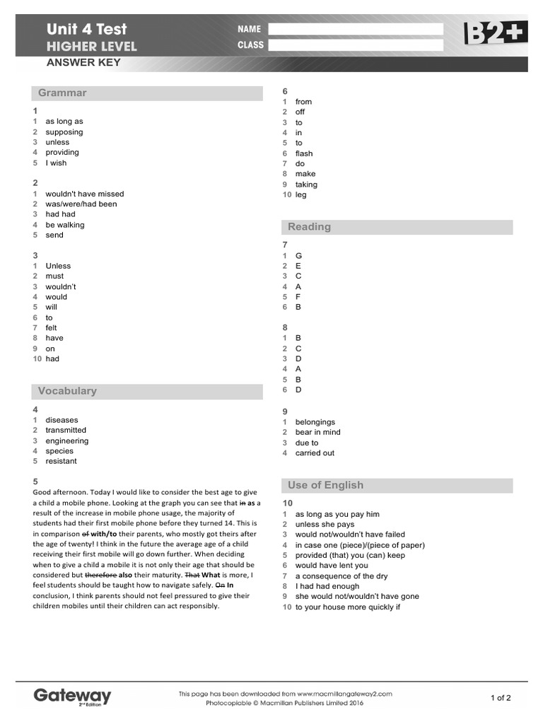B2+ UNIT 4 Test Answer Key Higher | PDF | Linguistics | Cognition