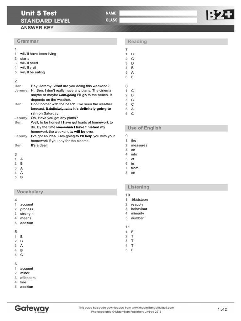 Gateway B2 Unit 5 Test Answer Key | PDF | Cognition | Linguistics