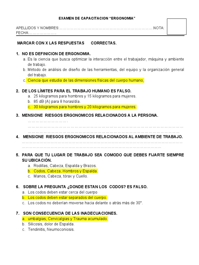 Examen de Capacitacion-Ergonomia | PDF