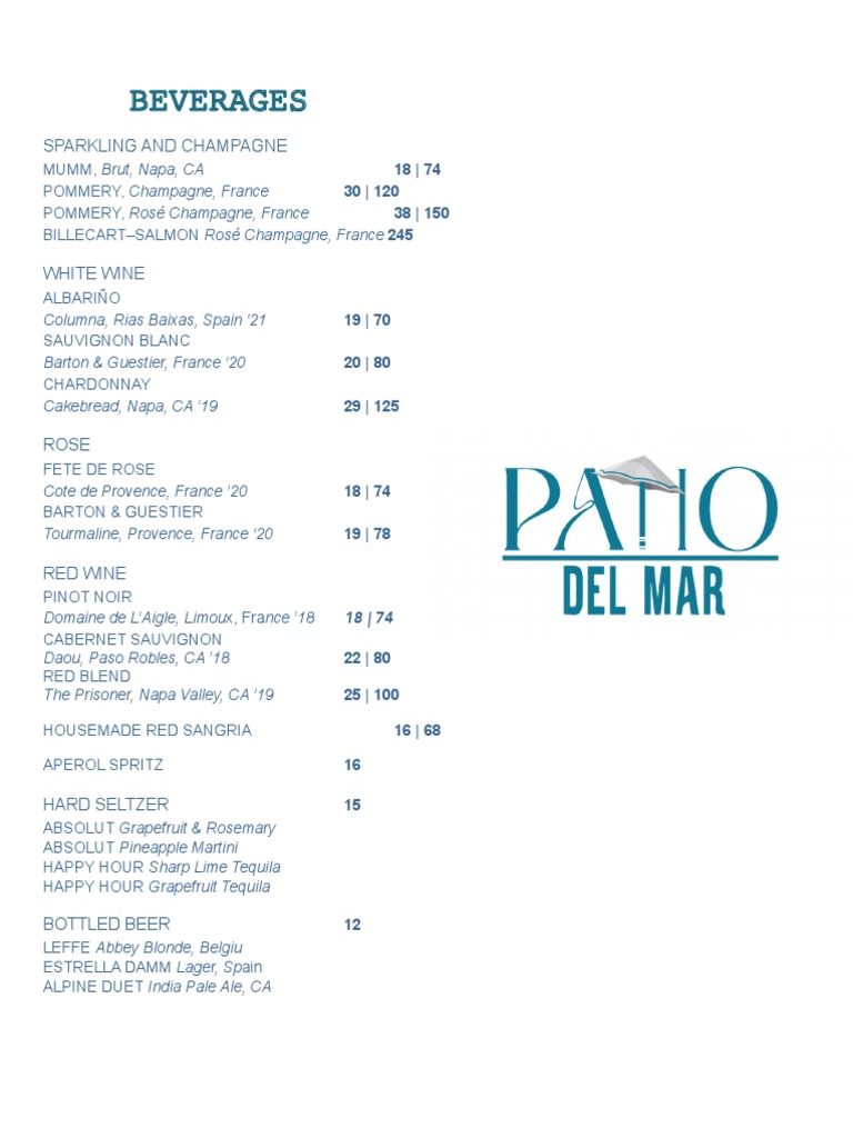 Patio Del Mar Menu Final | PDF | Champagne | Rose