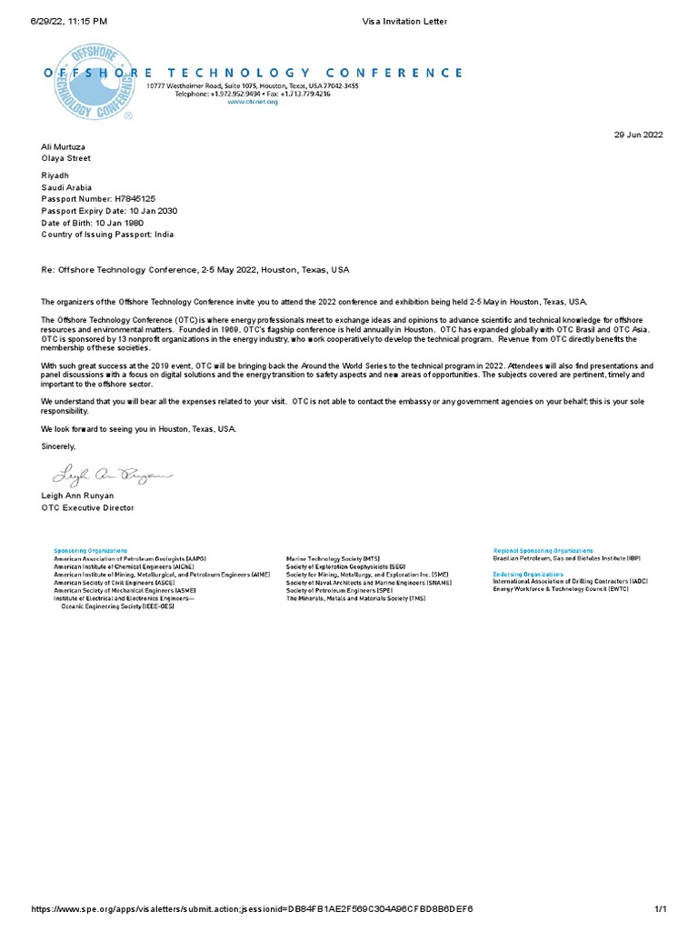 Offshore Technology Conference Visa Invitation | PDF | Finance & Money ...