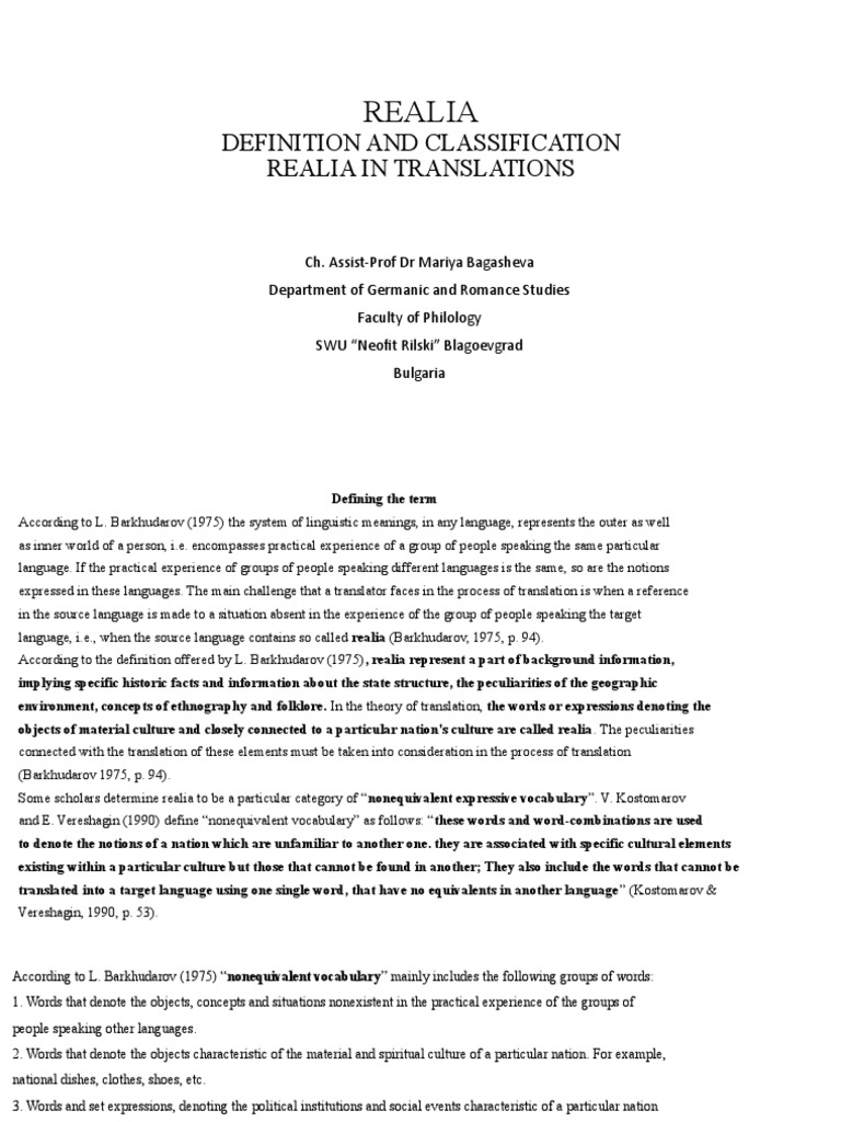 Realia: Definition and Classification Realia in Translations | PDF ...