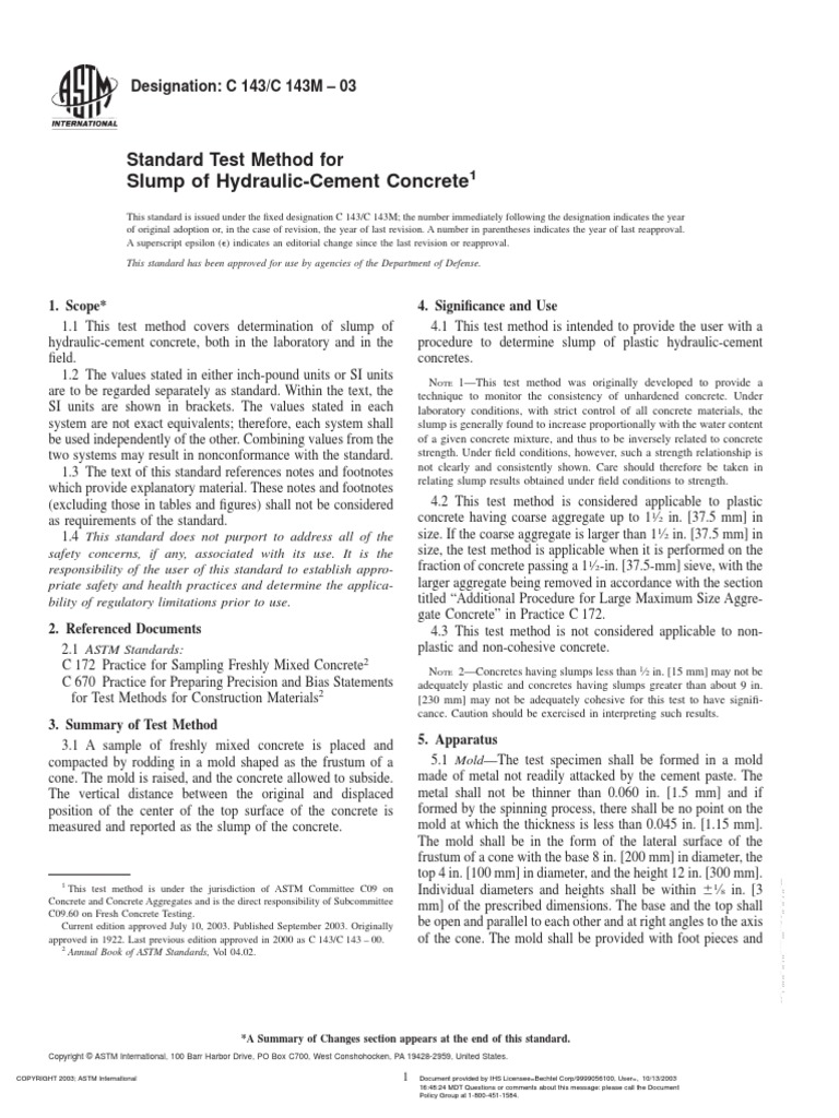 ASTM C143 C143M 03 Slump of Hydraulic Cement | PDF | Concrete | Cement