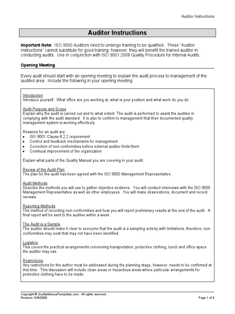 Auditor Instructions: Important Note: ISO 9000 Auditors Need To Undergo ...