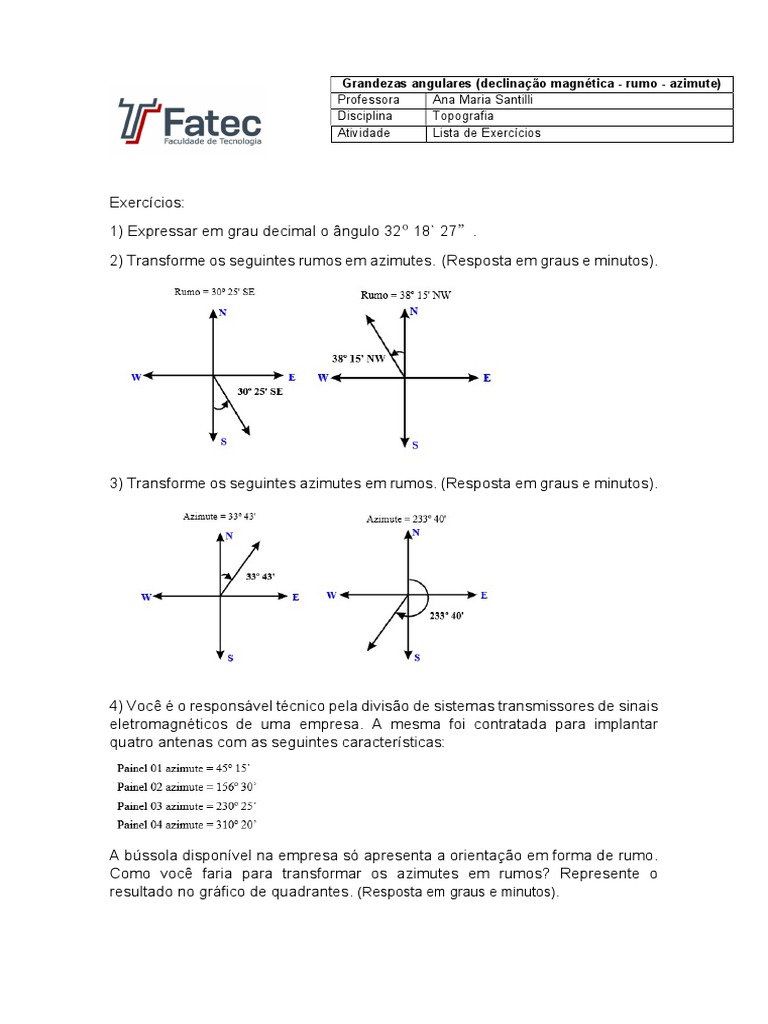 Exercícios De Azimute E Rumo Pdf Métodos E Materiais De Ensino 9551