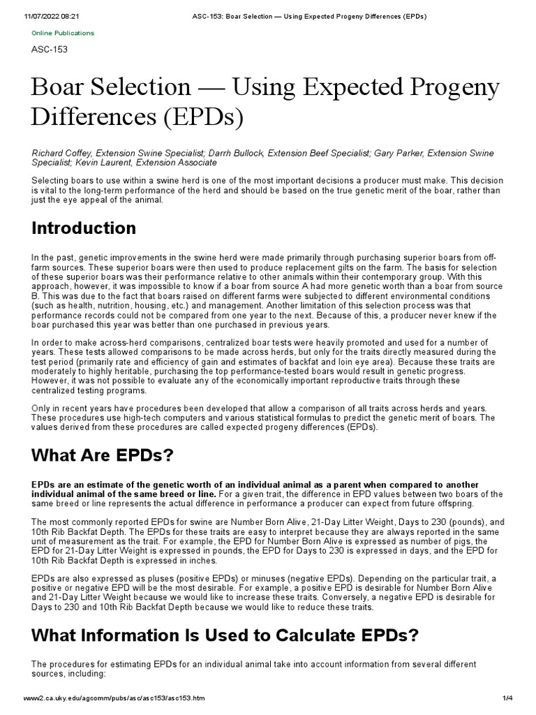 ASC-153 - Boar Selection - Using Expected Progeny Differences (EPDs) | PDF