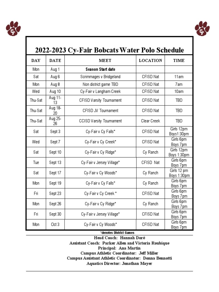 22-23 Water Polo Schedule | PDF
