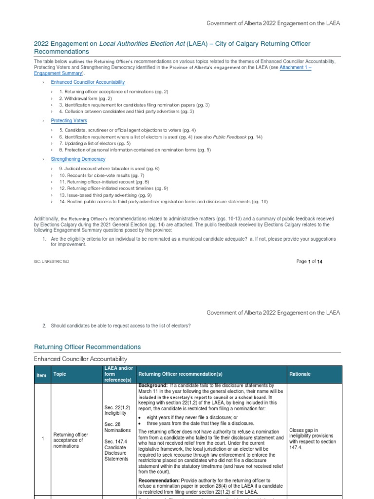 Calgary Returning Officer Recommendations 2022 | PDF | Elections | Voting