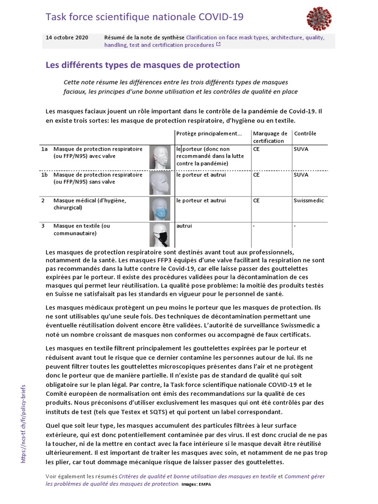 Les Differents Types de Masques de Protection | PDF | Sciences de la santé
