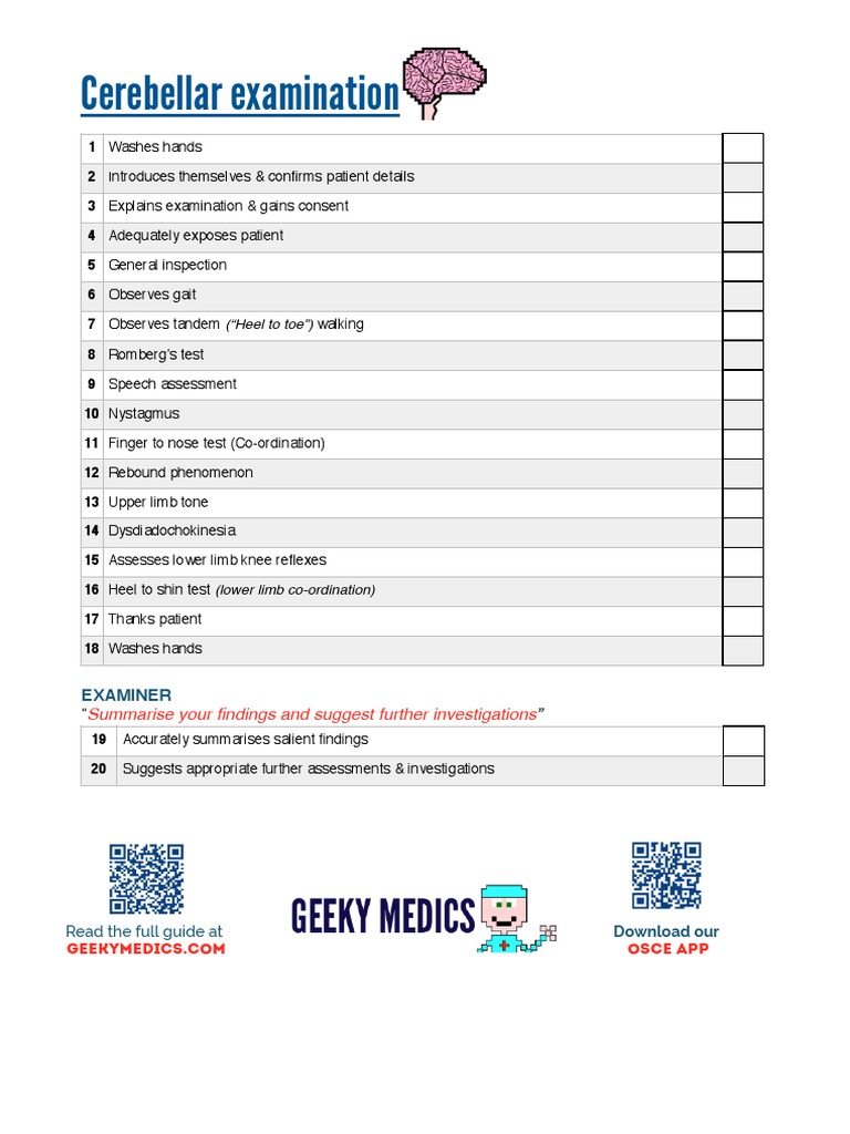 Cerebellar Examination OSCE Mark Scheme | PDF