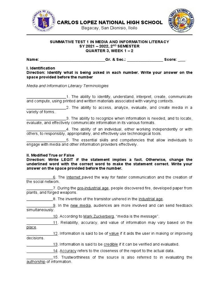 Summative Test 1 in Media and Information Literacy | PDF | Information ...