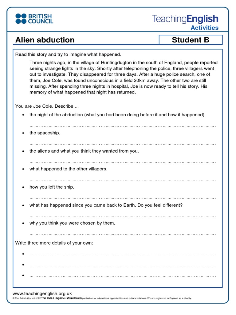 Teaching Kids Activities Alien Abduction Student B | PDF | Young Adult