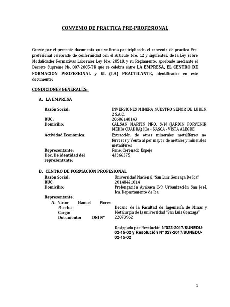 Modelo CONVENIO DE PRACTICA PRE-PROFESIONAL | PDF | Seguro | Business