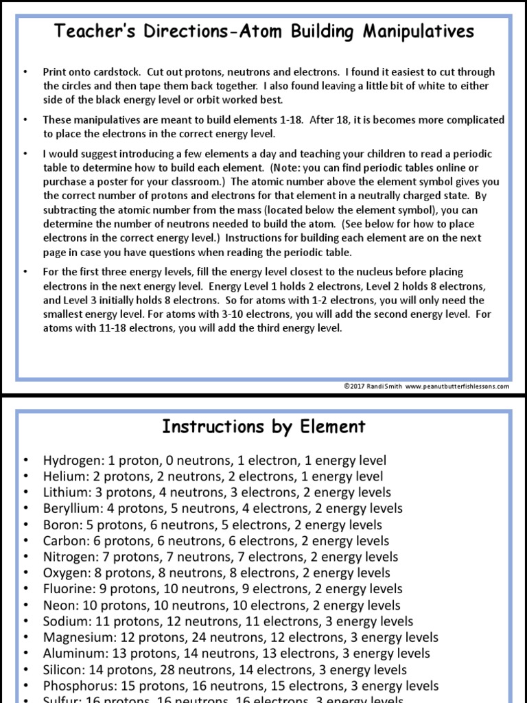 Teacher's Directions-Atom Building Manipulatives | PDF | Atoms | Neutron