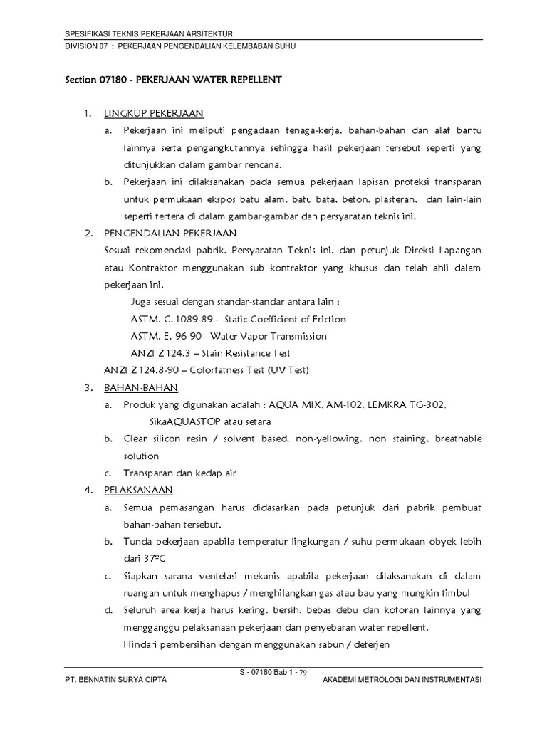 Spesifikasi Water Repellent | PDF | Griya & Taman | Teknologi & Rekayasa