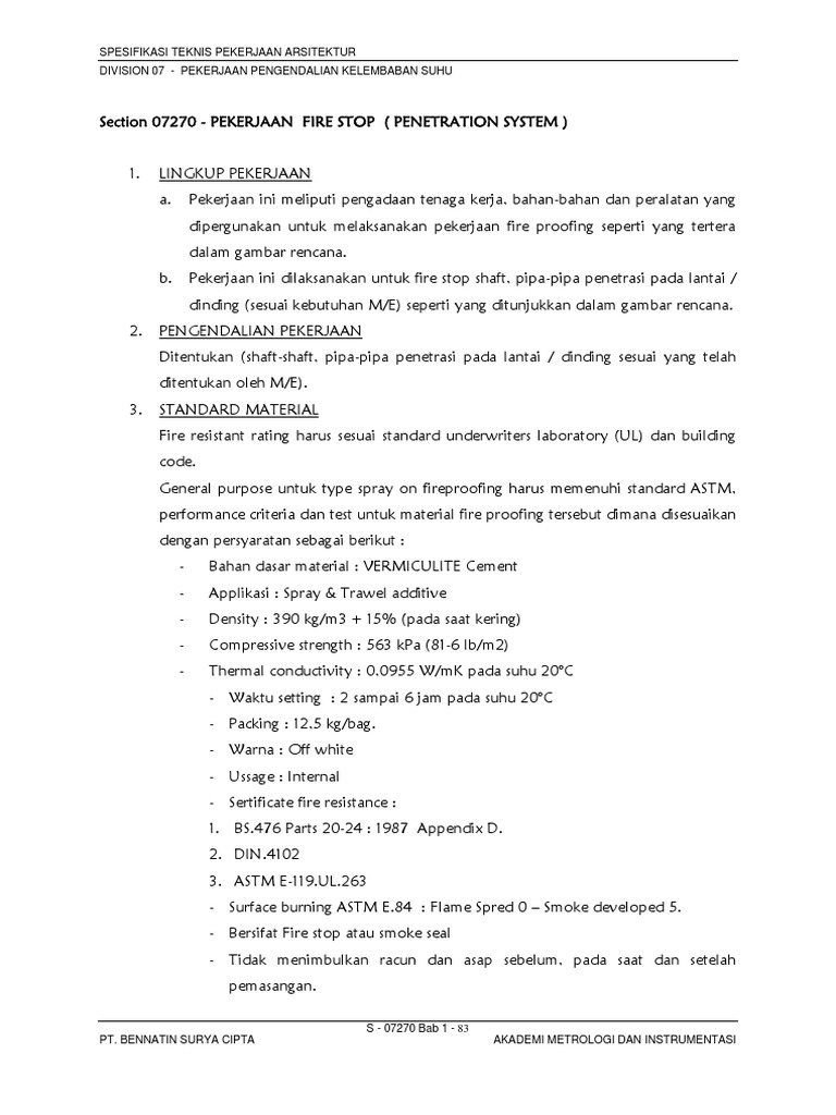 Spesifikasi Pekerjaan Firestop Shaft | PDF
