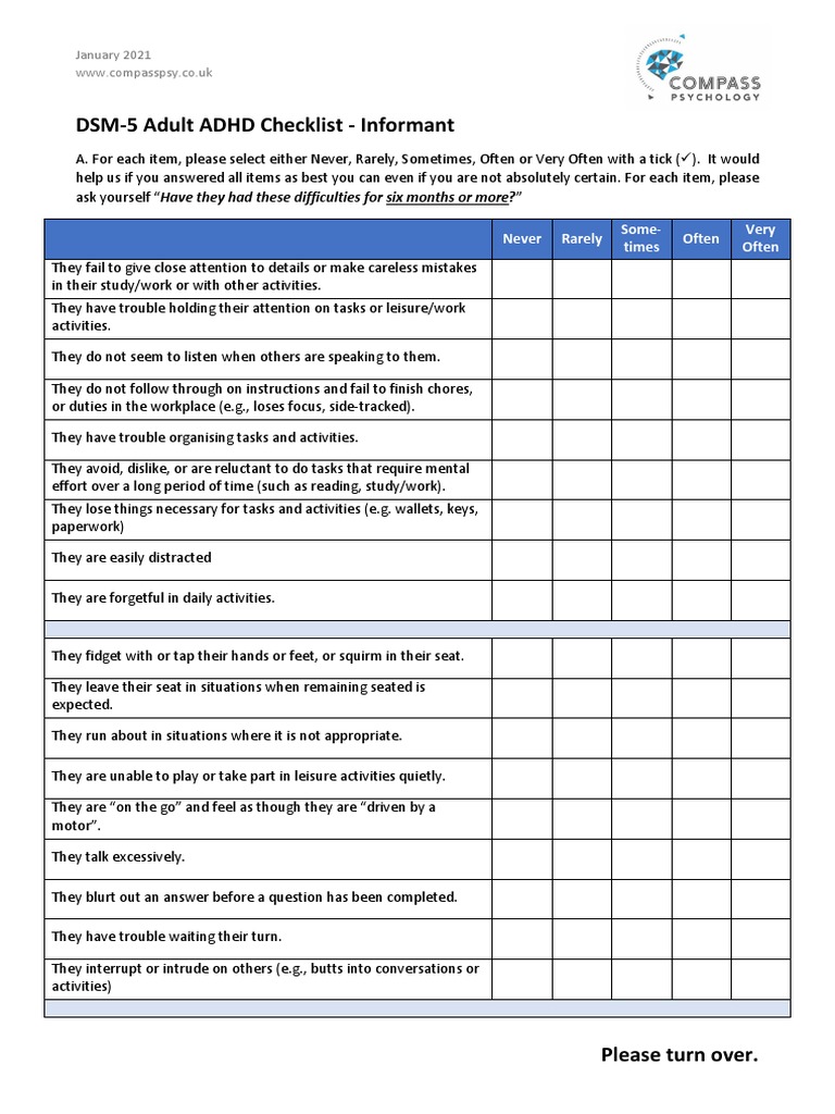 DSM-5 Adult ADHD Checklist - Informant: January 2021 | PDF | Attention ...