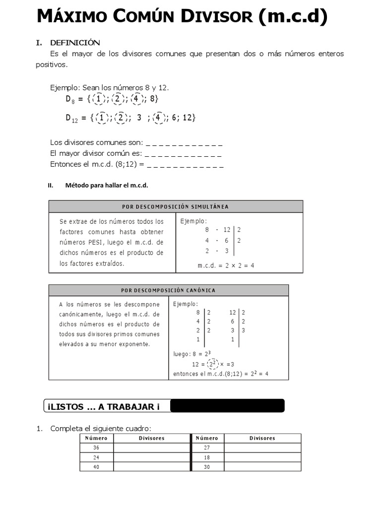Máximo Común Divisor y Mínimo Común Múltiplo para Sexto de Primaria ...