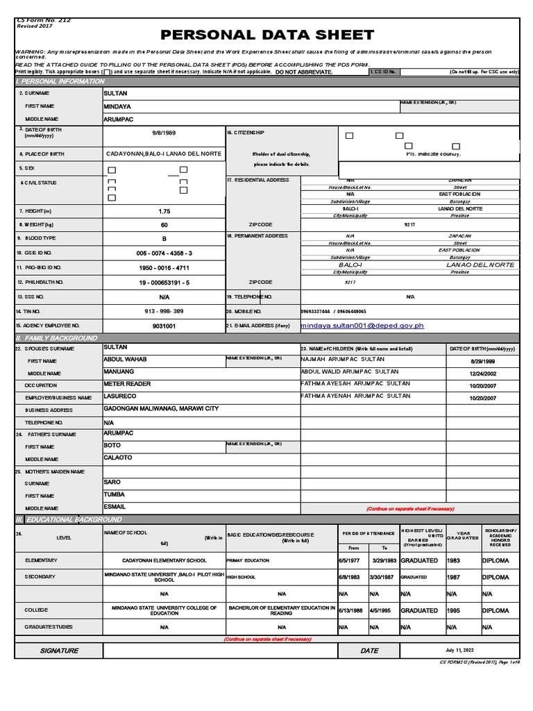 CSC Personal Data Sheet PDS 2017 | PDF