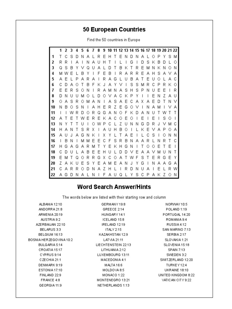 50 European Countries Word Search Puzzle Answers | PDF | European ...