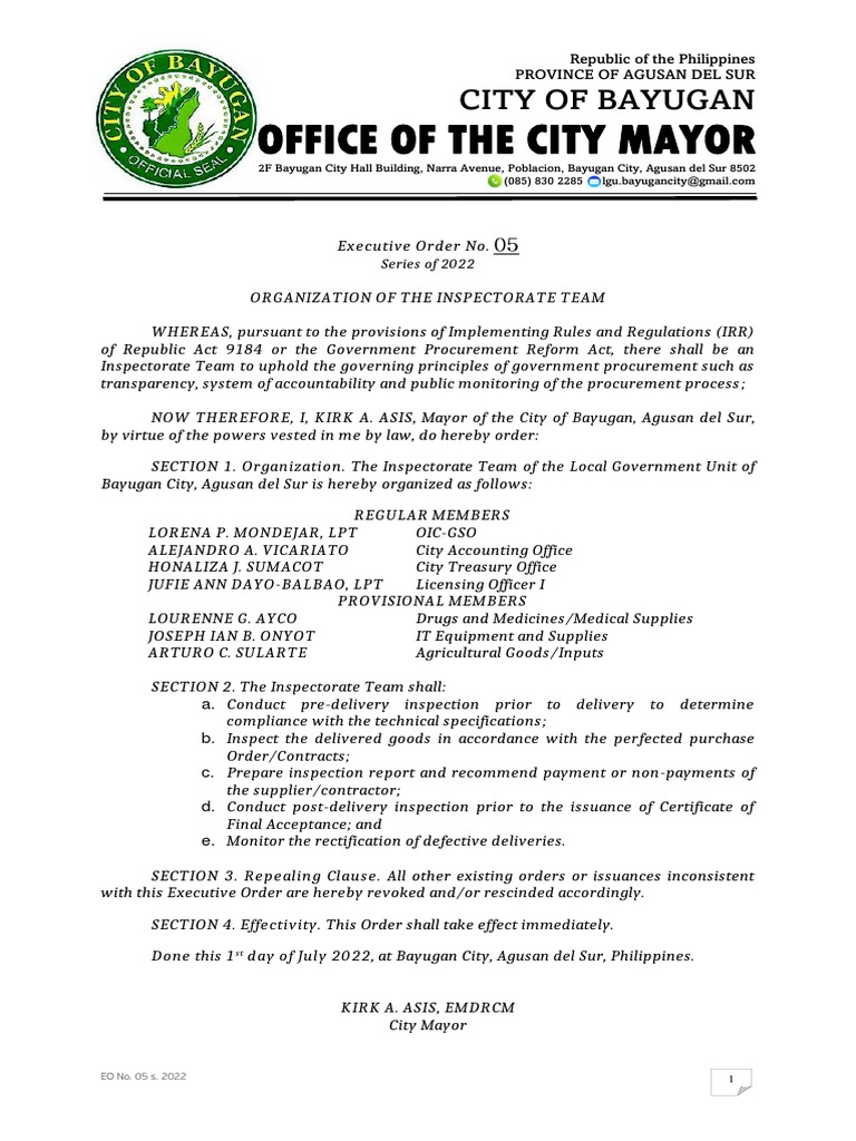 EO 05 Inspectorate Team | PDF | Public Sphere | Public Law