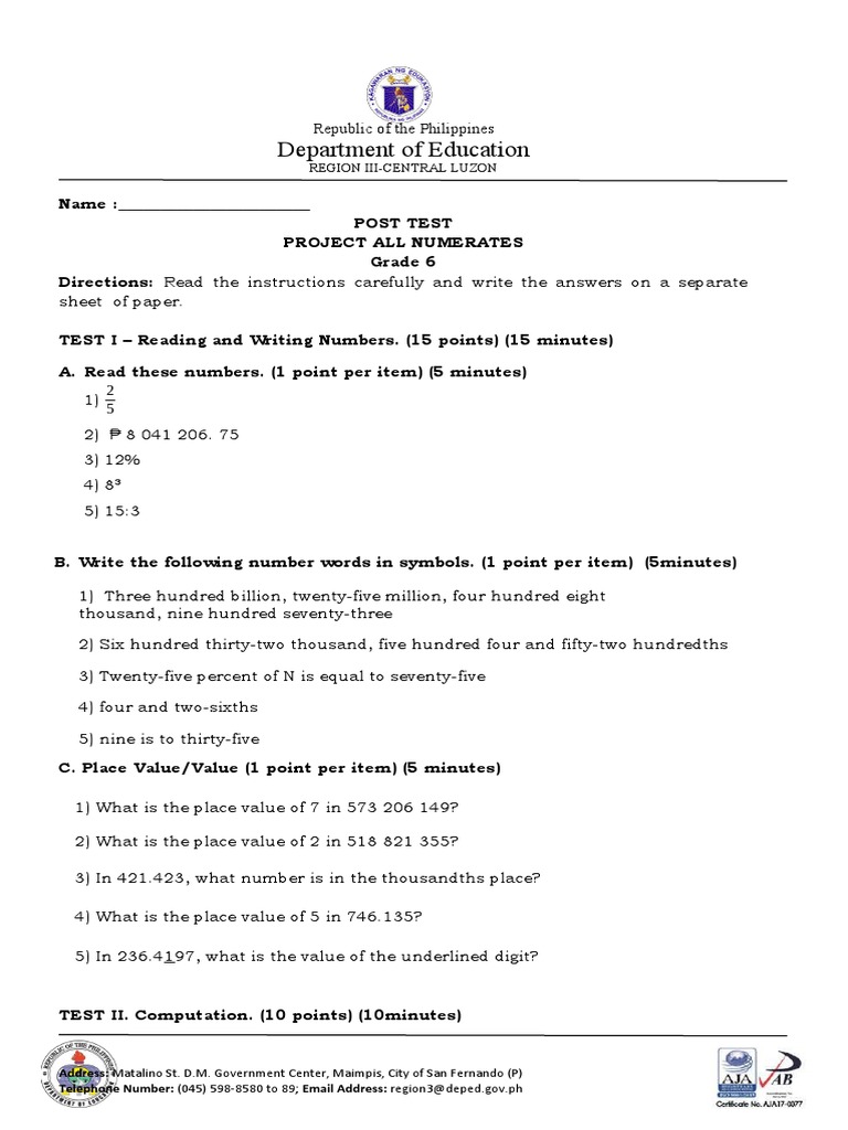 Assessment Tool Post Test Project All Numerates Grade 6 | PDF ...