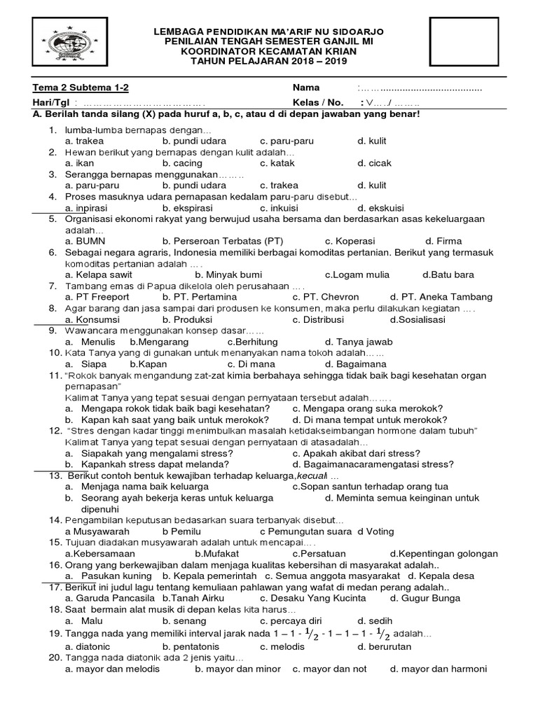 SOAL UTS Kelas 5 Tema2 Sub1-2 | PDF