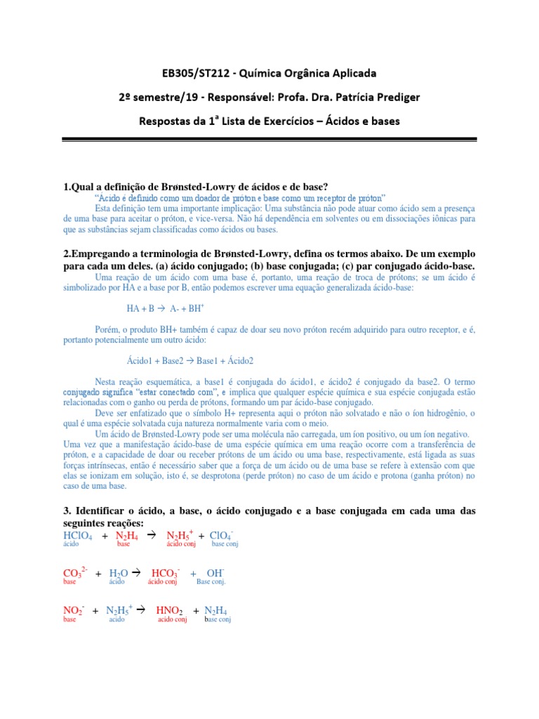 Lista 01 Ã Cidos e Bases - Resolvida | PDF | Ácido | Química Analítica