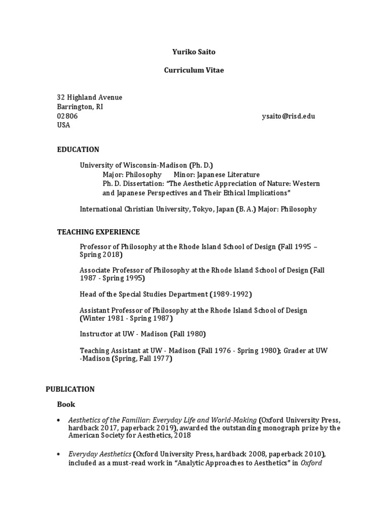 Yuriko Saito Curriculum Vitae: Everyday Aesthetics (Oxford University Press, Hardback 2008 ...
