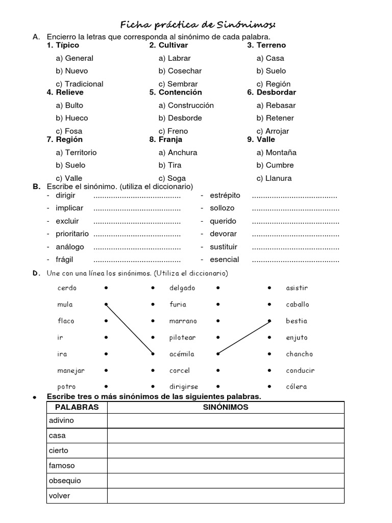 Ficha Práctica de Sinónimos y Antónimos | PDF