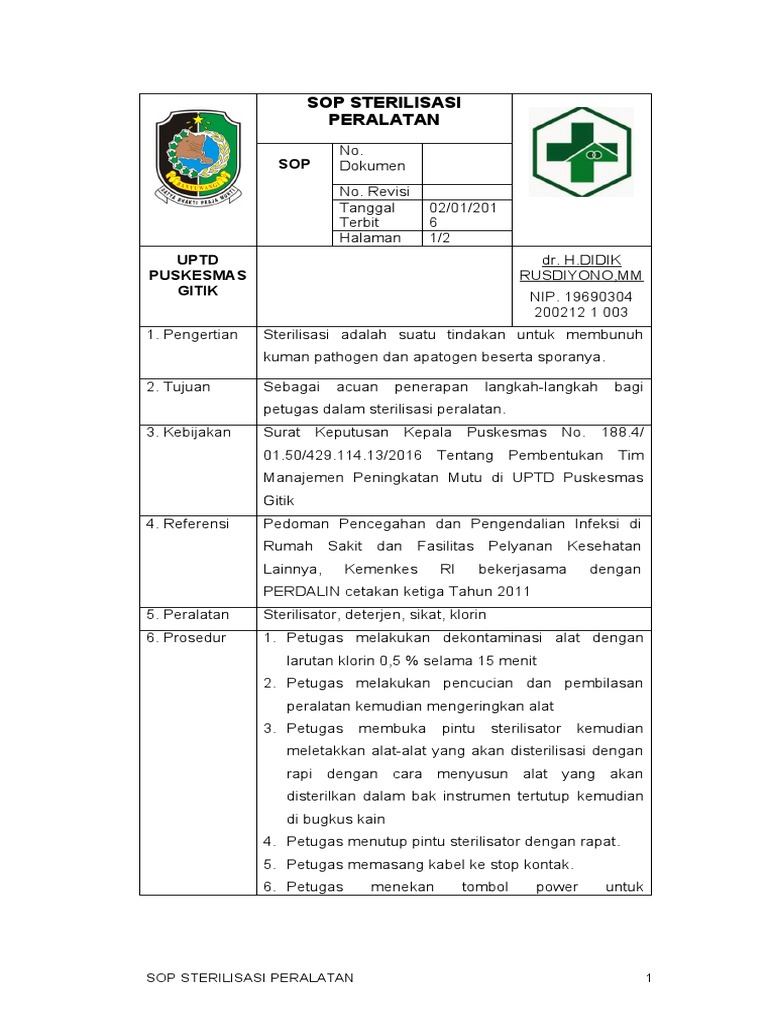 Sop Sterilisasi Peralatan | PDF | Kesehatan Holistik | Sains & Matematika